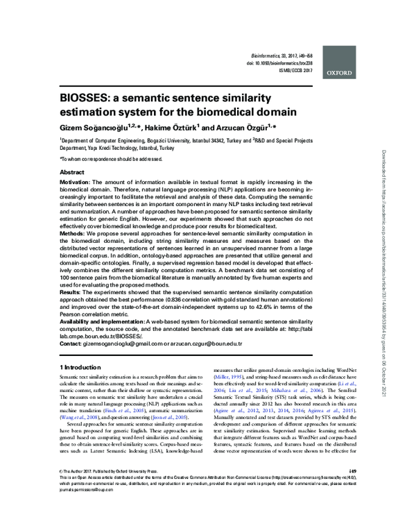(PDF) BIOSSES: a semantic sentence similarity estimation system for the biomedical domain