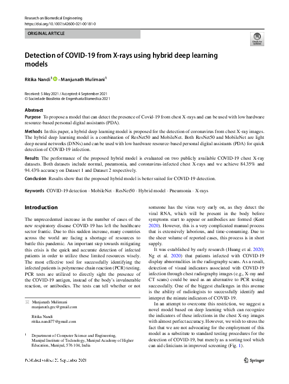 (PDF) Detection of COVID-19 from X-rays using hybrid deep learning models