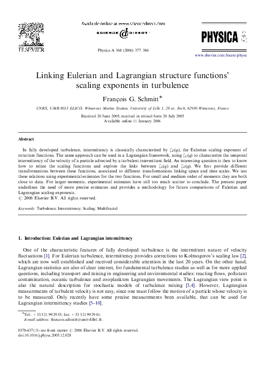 Pdf Linking Eulerian And Lagrangian Structure Functions Scaling Exponents In Turbulence 