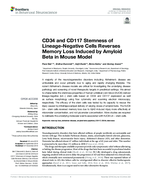 (PDF) CD34 and CD117 Stemness of Lineage-Negative Cells Reverses Memory Loss Induced by Amyloid ...