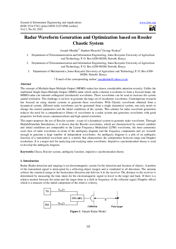 (PDF) Radar Waveform Generation and Optimization based on Rossler Chaotic System