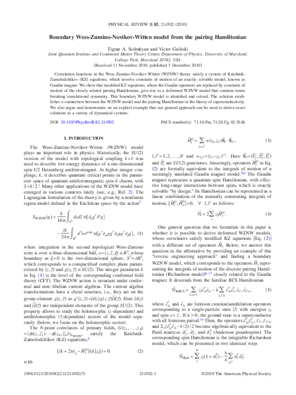 (PDF) Boundary Wess-Zumino-Novikov-Witten model, BCS superconductivity, and Maxwell-Bloch theory