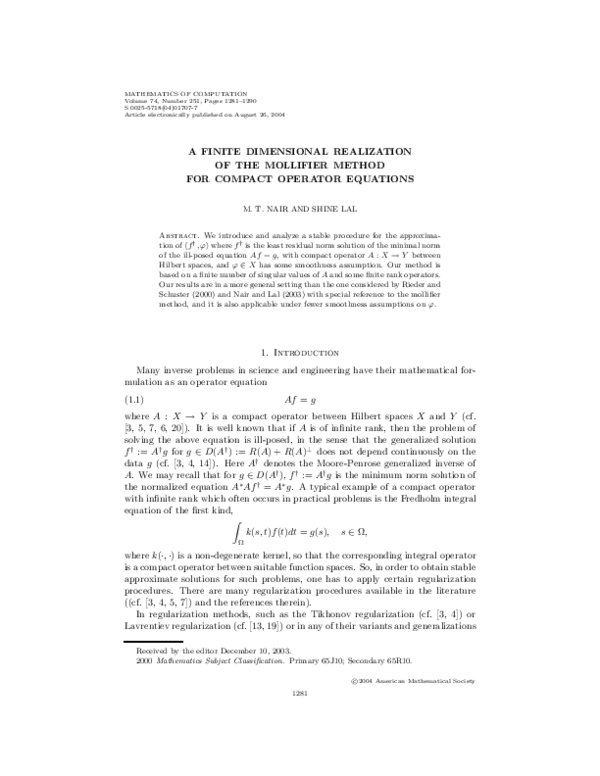 (PDF) A finite dimensional realization of the mollifier method for compact operator equations ...