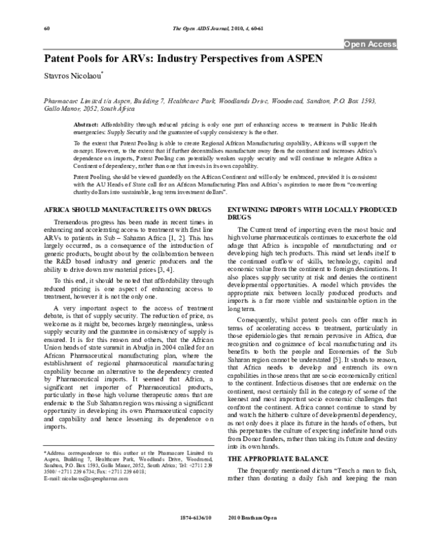 (PDF) Patent Pools for ARVs: Industry Perspectives from ASPEN