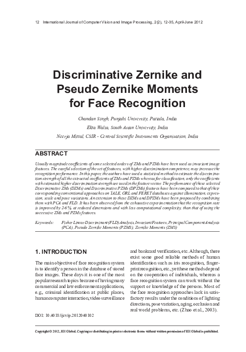 (PDF) Discriminative Zernike and Pseudo Zernike Moments for Face Recognition