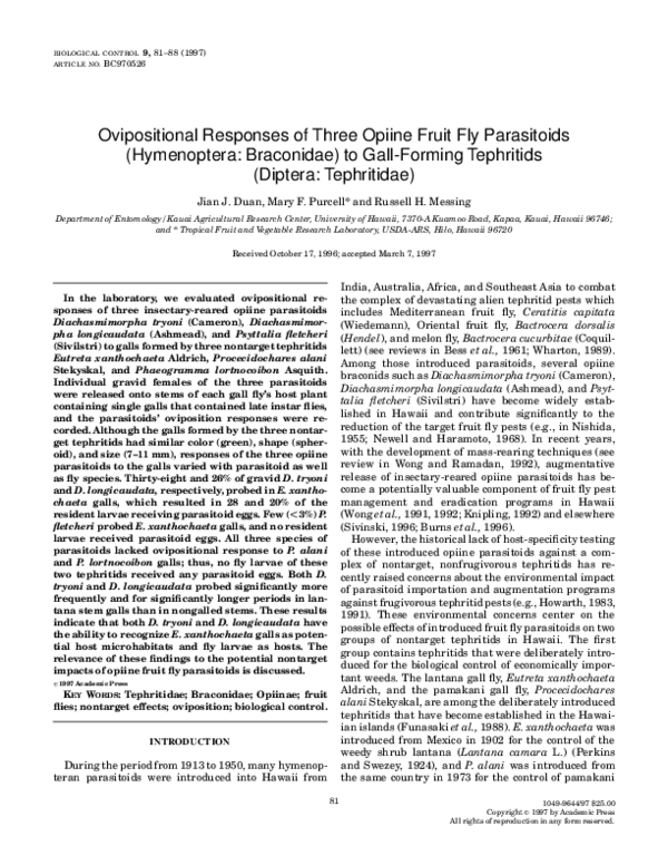 (PDF) Ovipositional Responses of Three Opiine Fruit Fly Parasitoids ...
