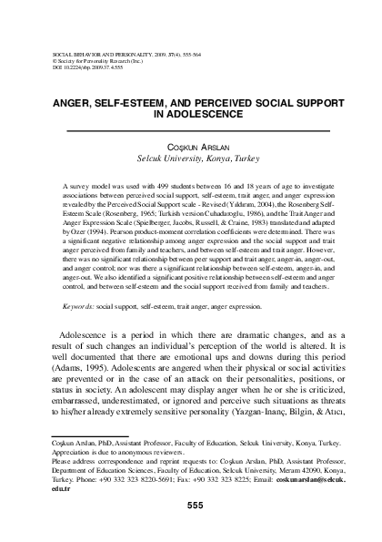 (PDF) Anger, self-esteem, and perceived social support in adolescence