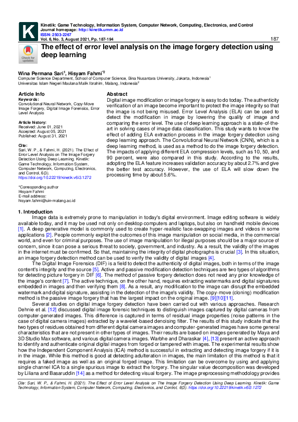 Pdf Effect Of Error Level Analysis On The Image Forgery Detection Using Deep Learning