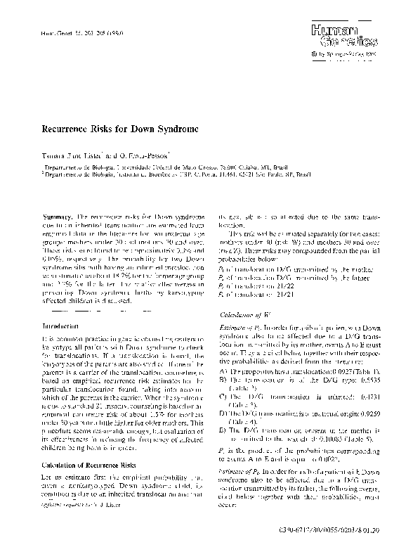 (PDF) Recurrence risks for Down syndrome