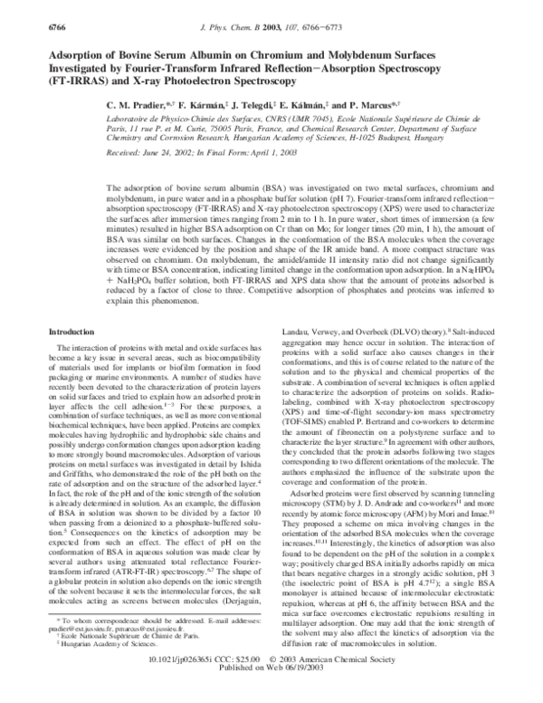 (PDF) Adsorption of Bovine Serum Albumin on Chromium and Molybdenum Surfaces Investigated by ...