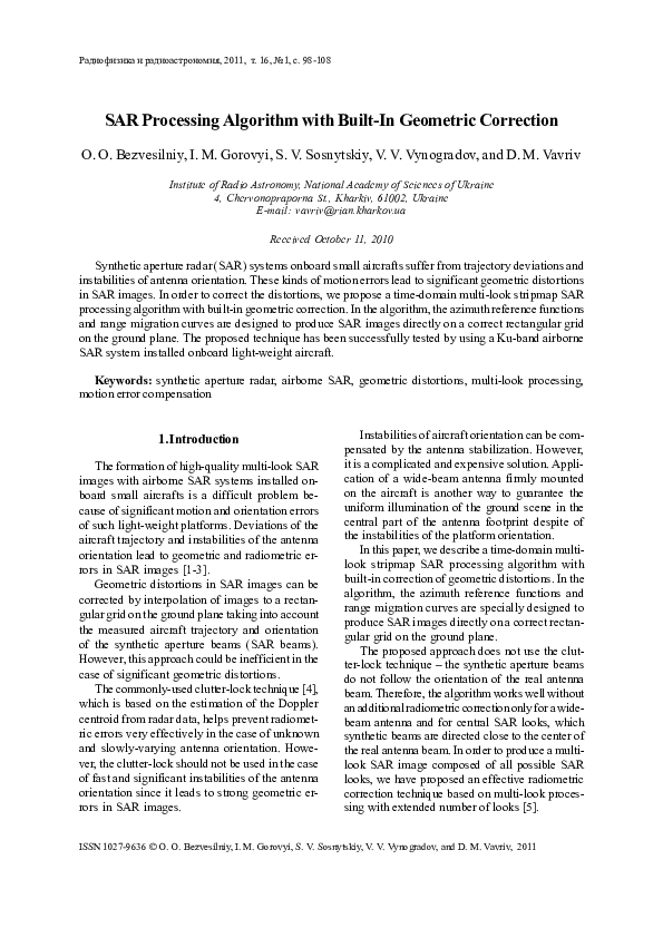 (PDF) Multi-look stripmap SAR processing with built-in geometric correction