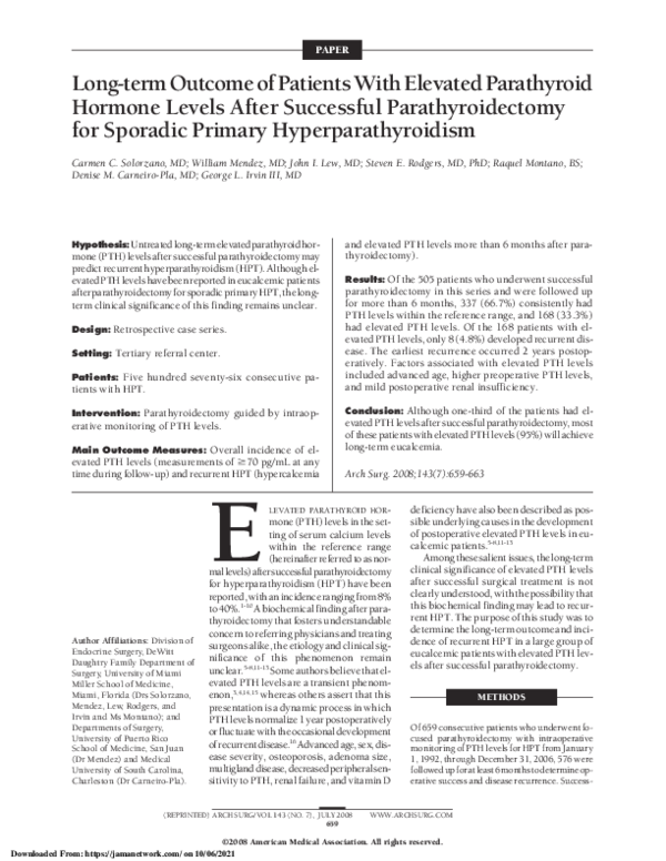 (PDF) Long-term Outcome of Patients With Elevated Parathyroid Hormone ...