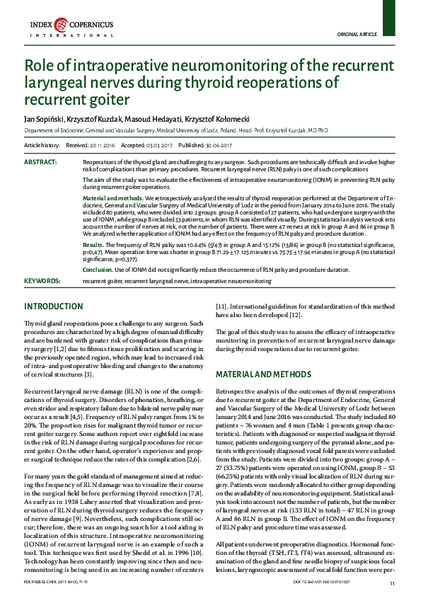 (PDF) The role of intraoperative neuromonitoring of recurrent laryngeal ...