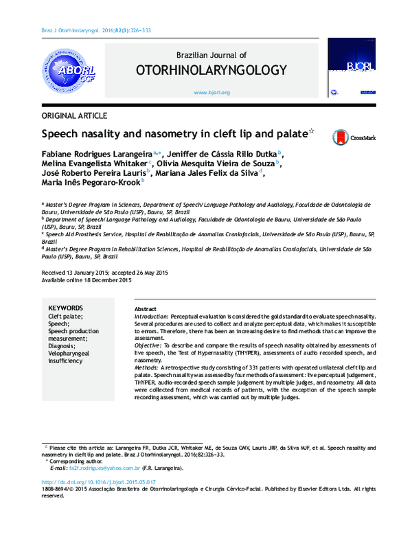 (PDF) Speech nasality and nasometry in cleft lip and palate