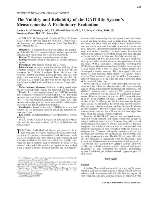 (PDF) The validity and reliability of the GAITRite system's ...