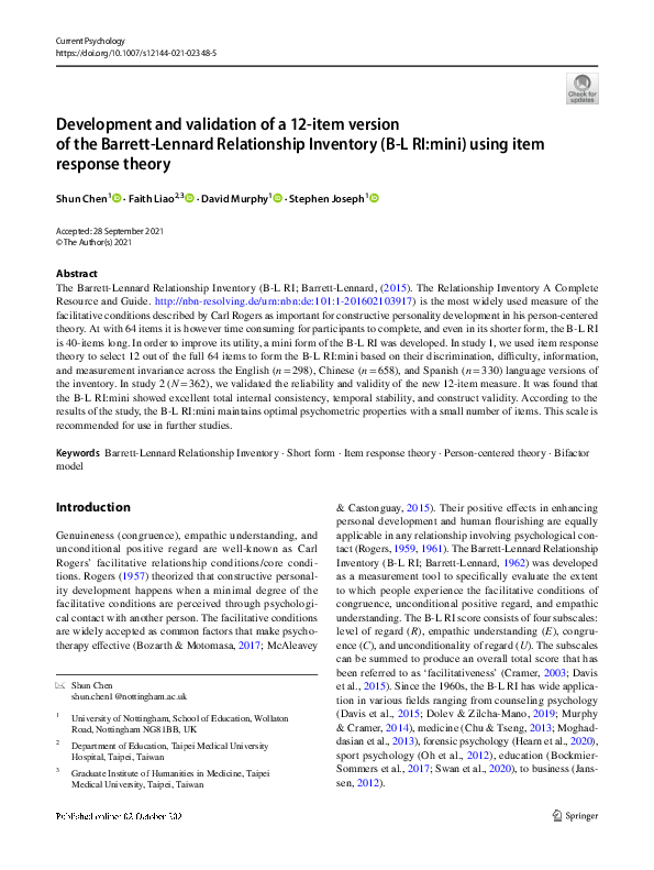 (PDF) Development and validation of a 12-item version of the Barrett-Lennard Relationship ...