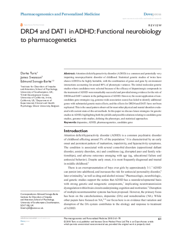 (PDF) DRD4 and DAT1 in ADHD: Functional neurobiology to pharmacogenetics
