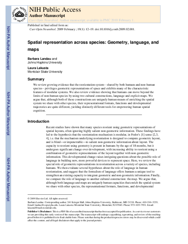 (PDF) Spatial representation across species: geometry, language, and maps