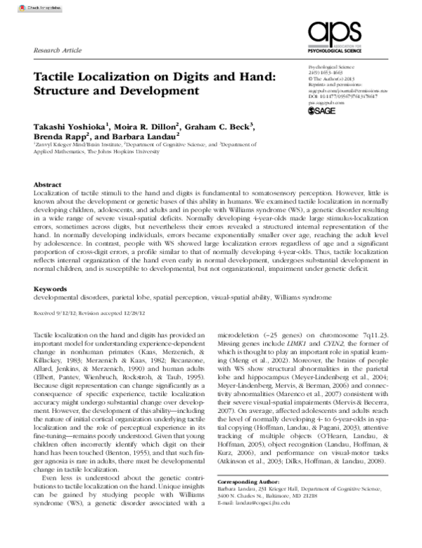 Pdf Tactile Localization On Digits And Hand Structure And Development