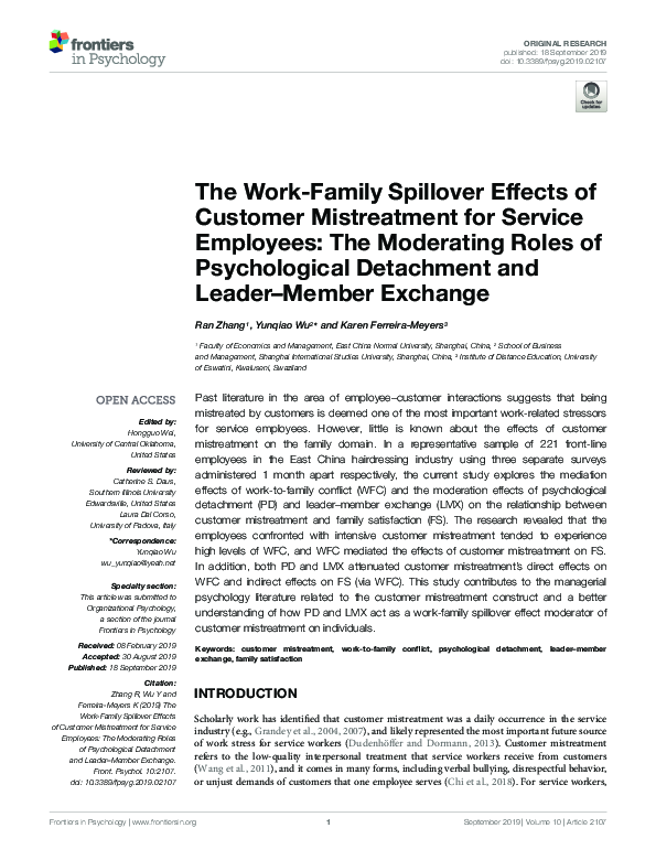 (PDF) The Work-Family Spillover Effects of Customer Mistreatment for Service Employees: The ...