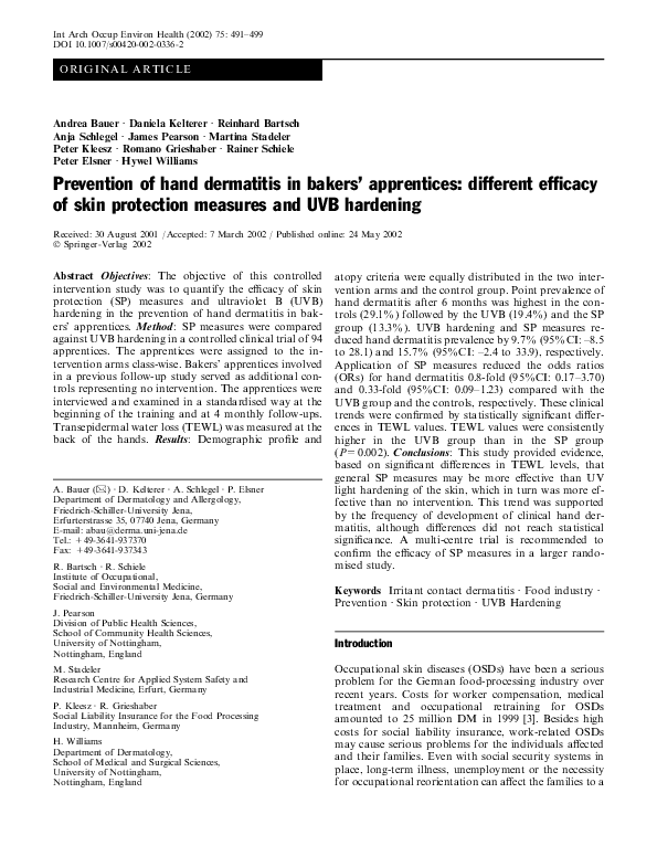 (PDF) Prevention of hand dermatitis in bakers' apprentices: different ...
