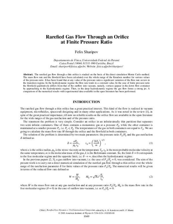 (PDF) Rarefied Gas Flow Through an Orifice at Finite Pressure Ratio
