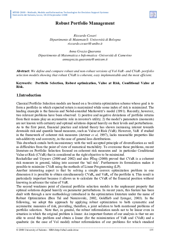 (PDF) Robust Portfolio Management
