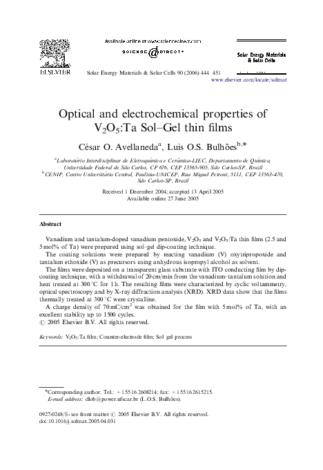 (PDF) Optical and electrochemical properties of V2O5:Ta Sol–Gel thin films
