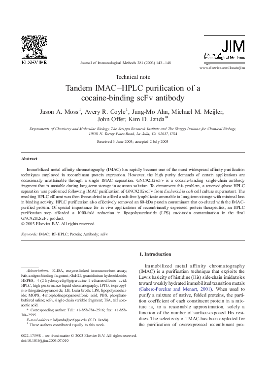 (PDF) Tandem IMAC–HPLC purification of a cocaine-binding scFv antibody