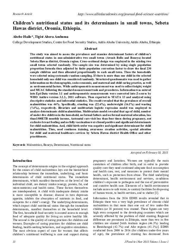 (PDF) Children's nutritional status and its determinants in small towns ...