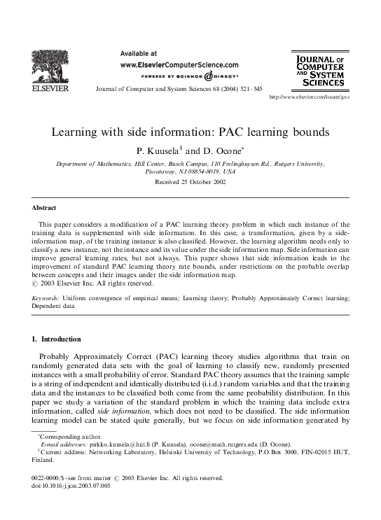 (PDF) Learning with side information: PAC learning bounds