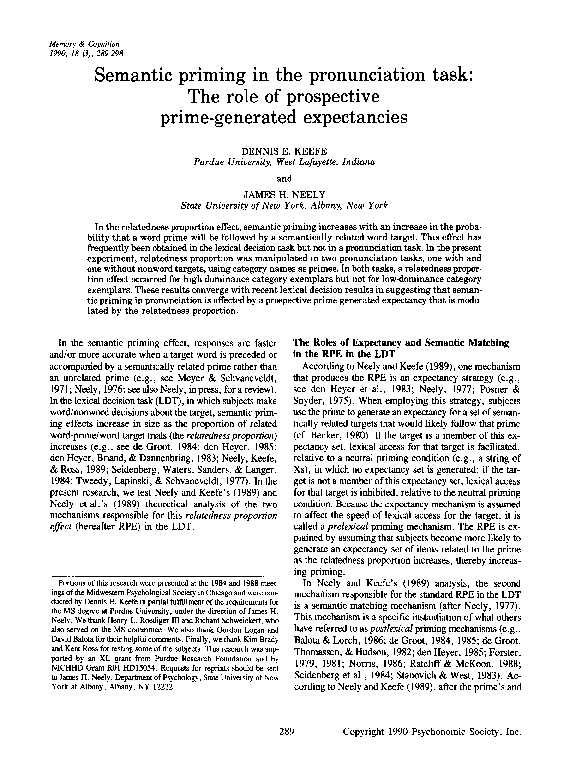 (PDF) Semantic priming in the pronunciation task: The role of prospective prime-generated ...