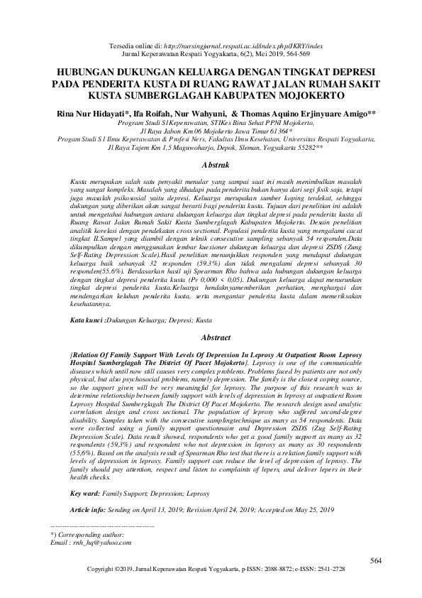 (PDF) Hubungan Dukungan Keluarga Dengan Tingkat Depresi Pada Penderita Kusta Di Ruang Rawat ...