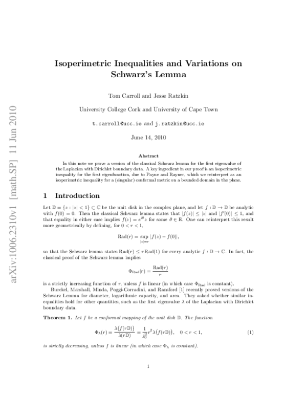 (PDF) Isoperimetric inequalities and variations on Schwarz's lemma ...