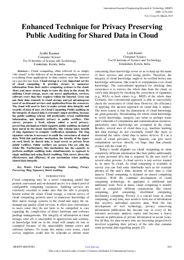 (PDF) Enhanced Technique for Privacy Preserving Public Auditing for Shared Data in Cloud