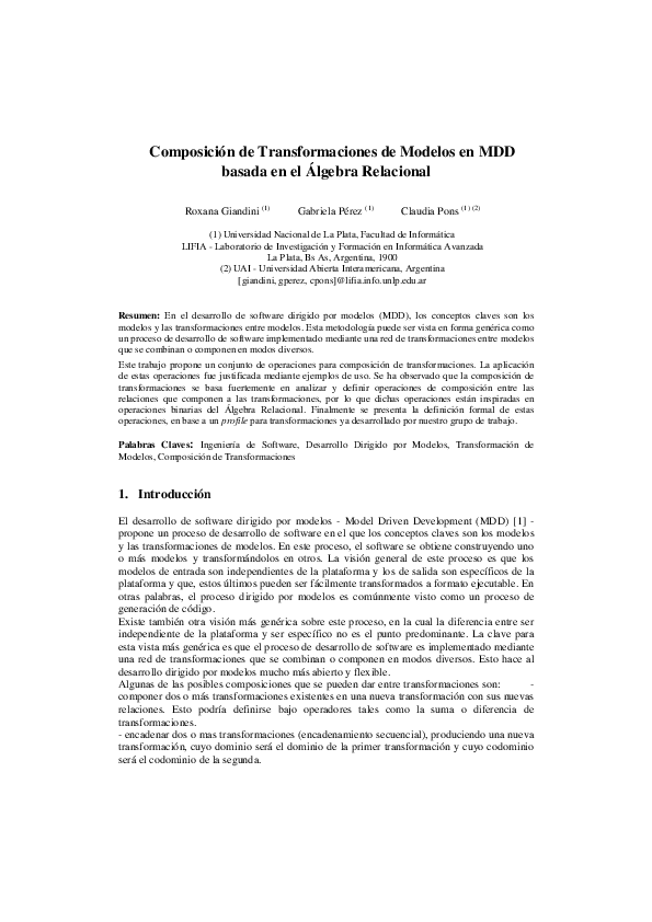(PDF) Composición de Transformaciones de Modelos en MDD basada en el Álgebra Relacional
