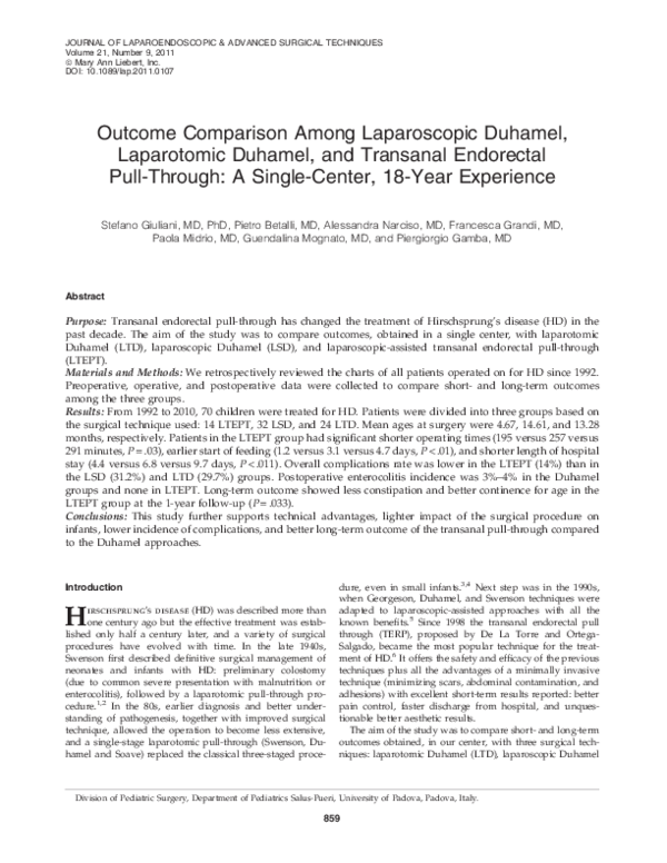 (PDF) Outcome Comparison Among Laparoscopic Duhamel, Laparotomic ...