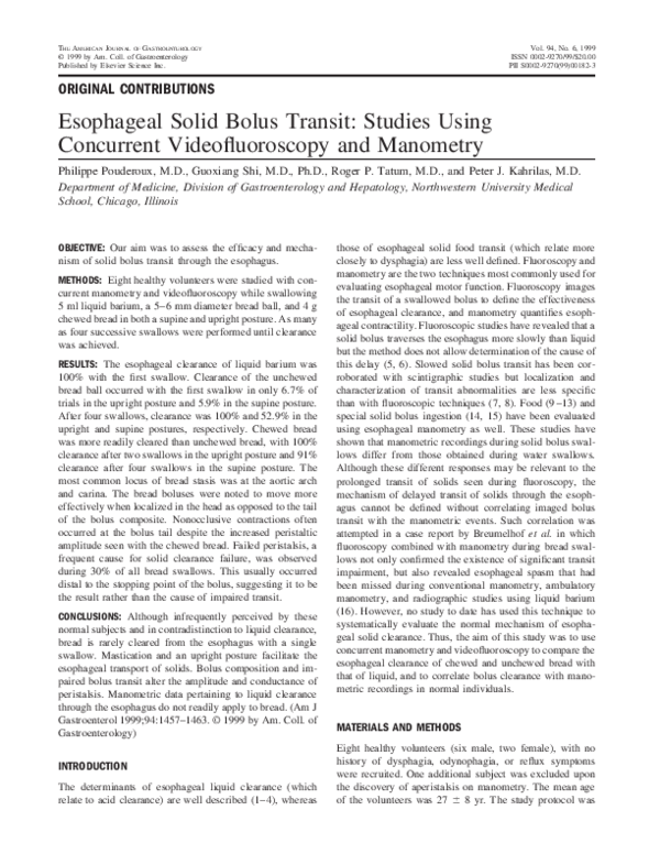 (PDF) Esophageal solid bolus transit: studies using concurrent ...