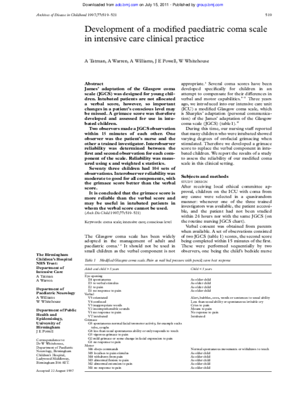 (PDF) Development of a modified paediatric coma scale in intensive care ...