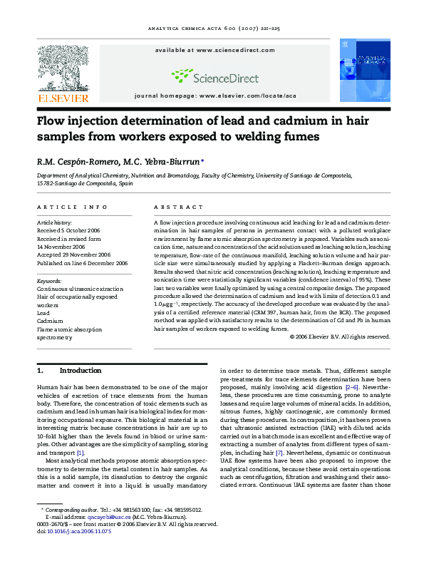 Pdf Flow Injection Determination Of Lead And Cadmium In Hair Samples From Workers Exposed To