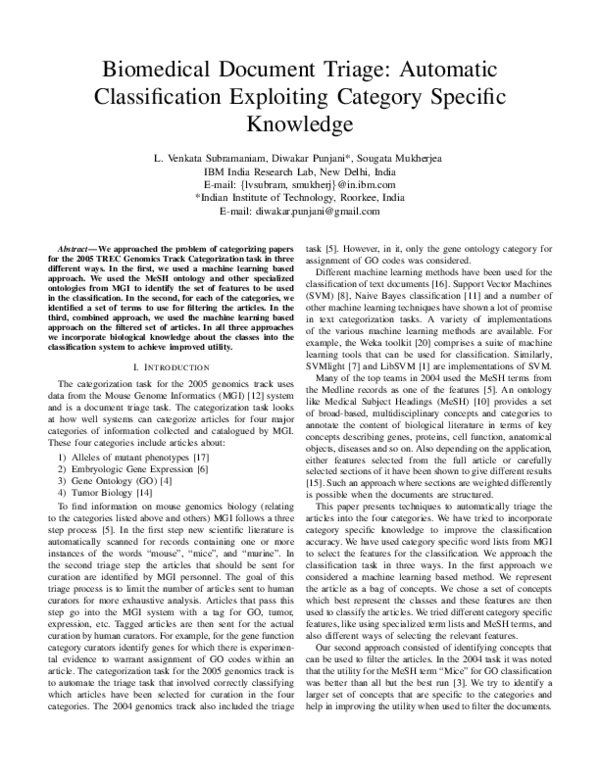 (PDF) Biomedical document triage: automatic classification exploiting category specific ...