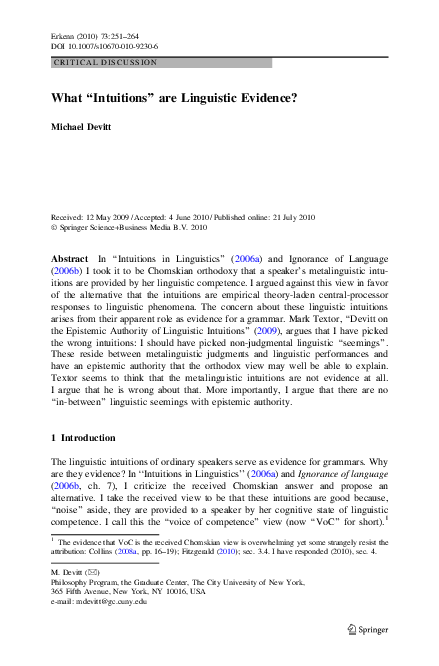 (PDF) What Intuitions are Linguistic Evidence? | Michael Devitt ...