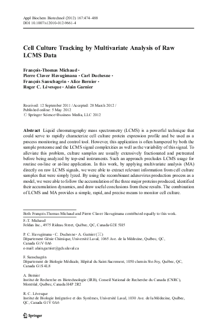 Pdf Cell Culture Tracking By Multivariate Analysis Of Raw Lcms Data 