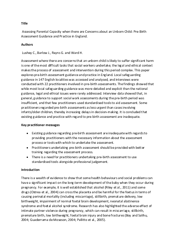 (PDF) Assessing Parental Capacity when there are Concerns about an ...