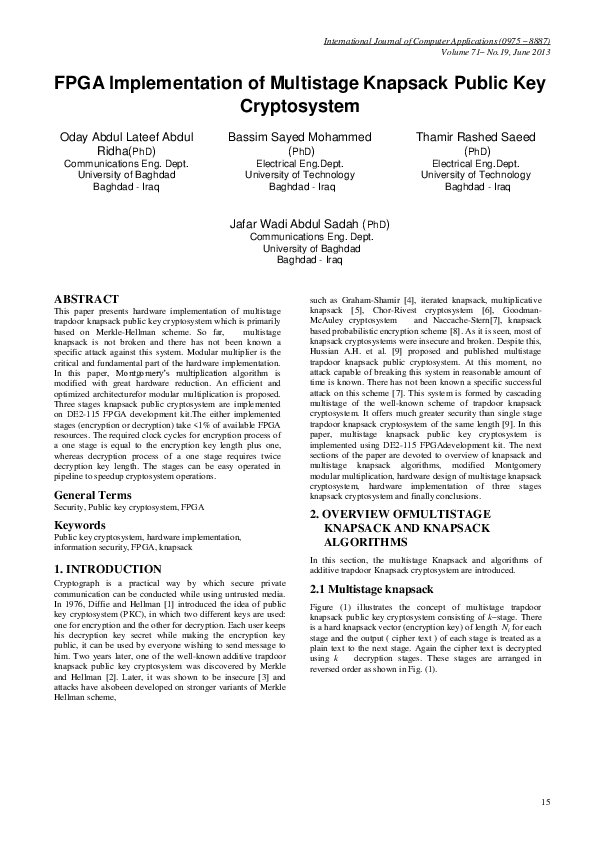 (PDF) FPGA Implementation of Multistage Knapsack Public Key Cryptosystem