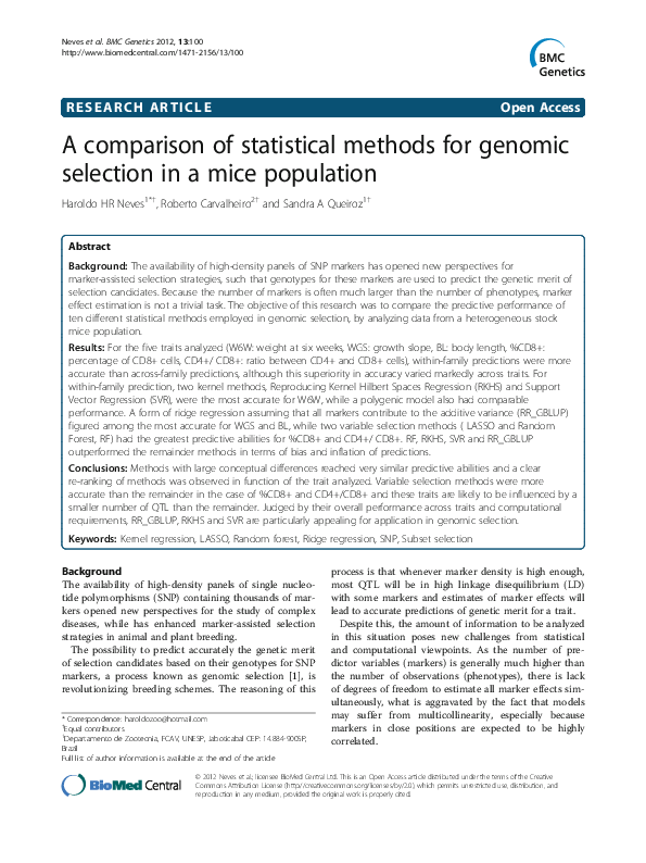 (PDF) A comparison of statistical methods for genomic selection in a ...