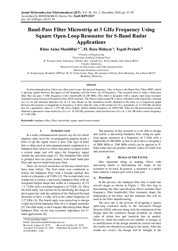 Pdf Band Pass Filter Microstrip At 3 Ghz Frequency Using Square Open Loop Resonator For S Band