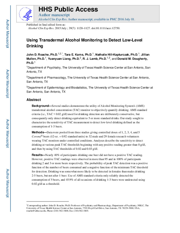 (PDF) Using Transdermal Alcohol Monitoring to Detect Low-Level Drinking