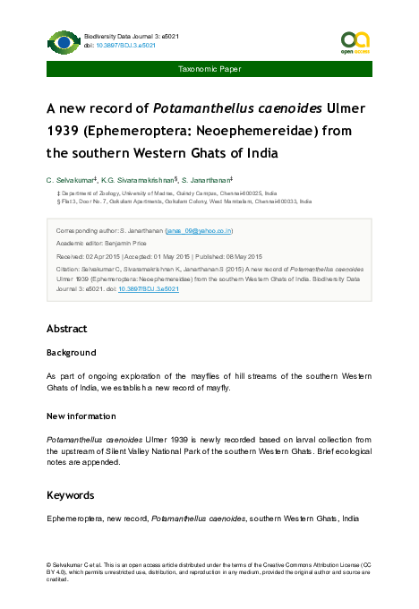 (PDF) New Record of Potamanthellus caenoides in Western Ghats, India