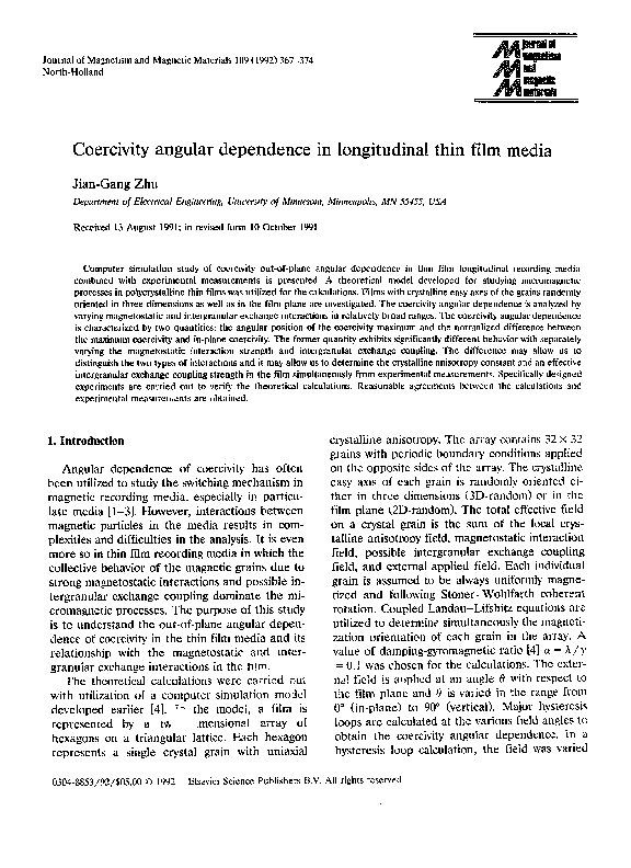(PDF) Coercivity angular dependence in longitudinal thin film media